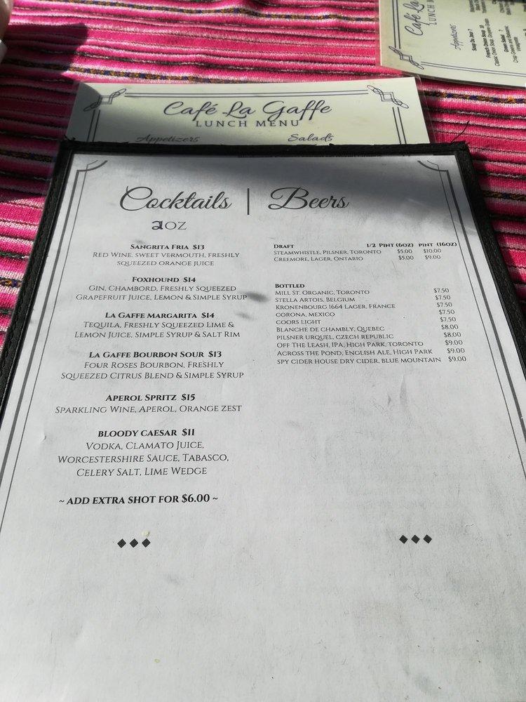 Menu at Cafe La Gaffe, Toronto