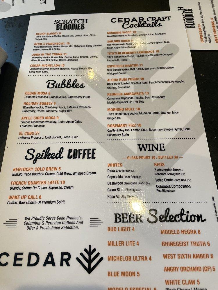 Menu at Cedar pub & bar, Covington