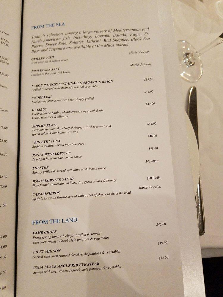 Menu at estiatorio Milos Montreal restaurant, Montréal