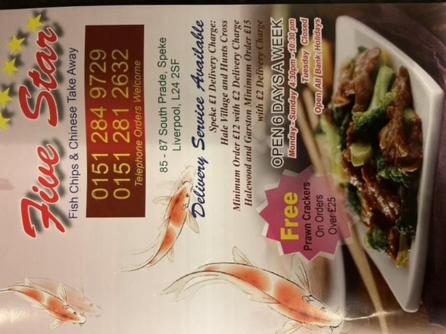 Menu at Five Star restaurant, Liverpool, 85 S Parade