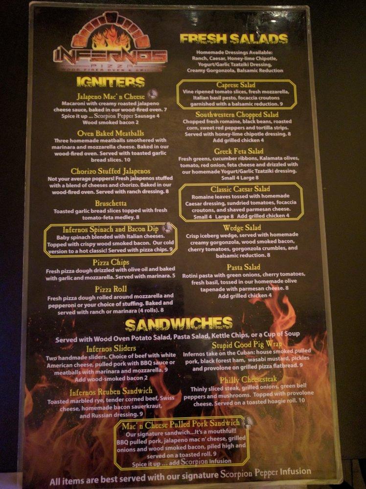 Menu at Inferno's Wood Fired Oven & Spirits pizzeria, New Braunfels