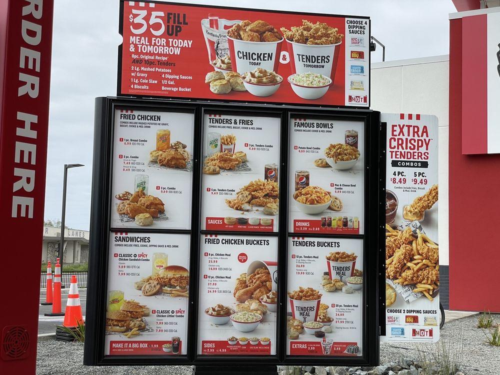 Menu at KFC fast food, Eureka, Broadway St