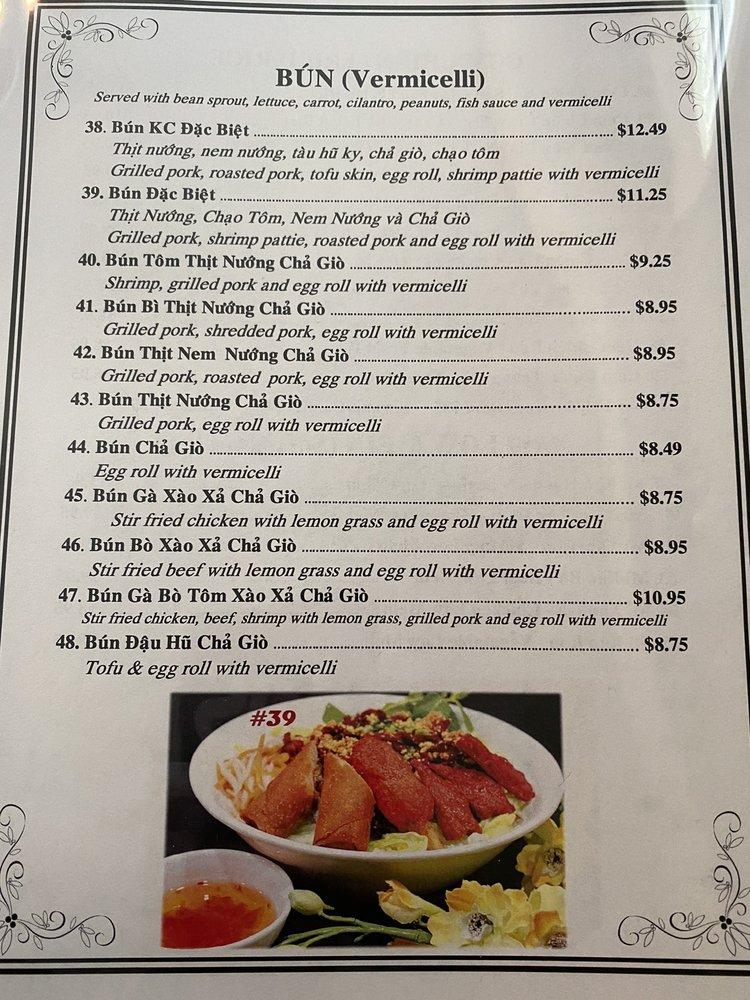 Menu at Pho KC restaurant, Wichita