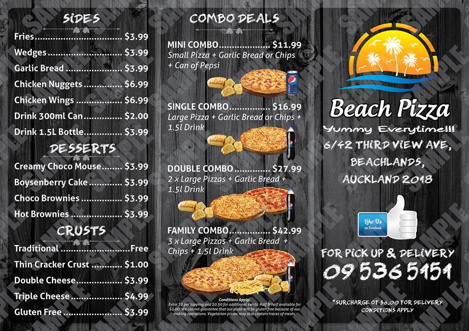 Menu at Beach pizza Beachlands pizzeria, Auckland, 6/42 Third View Ave