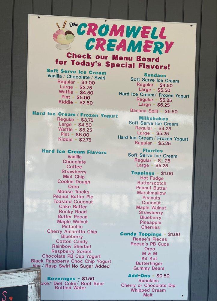 Menu at Cromwell Creamery, Cromwell