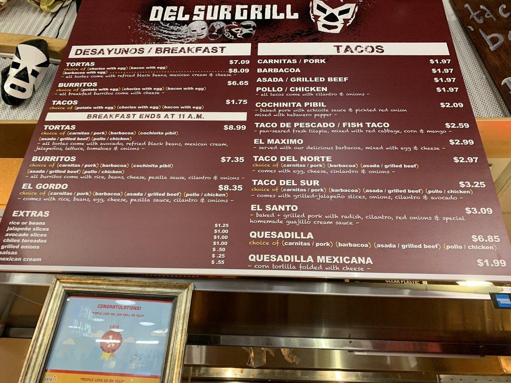 Menu at Del Sur Mexican Grill restaurant, McKinney