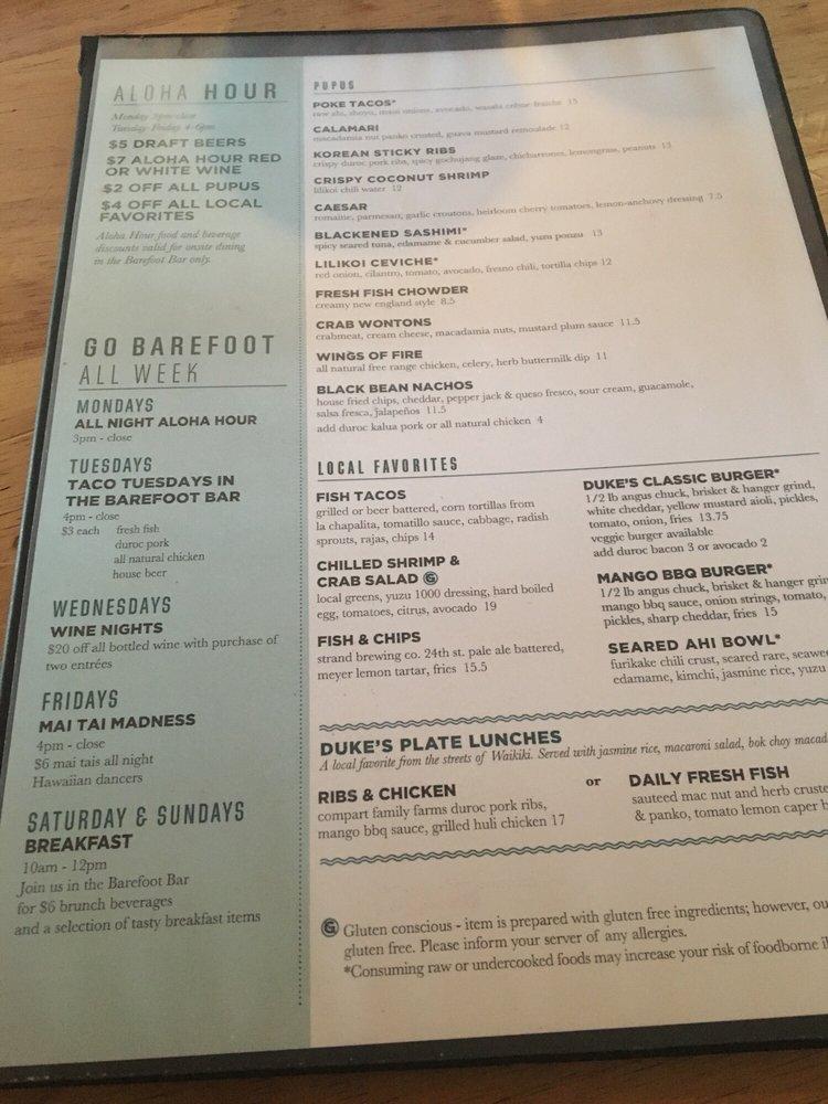 Menu at Duke's Malibu restaurant, Malibu