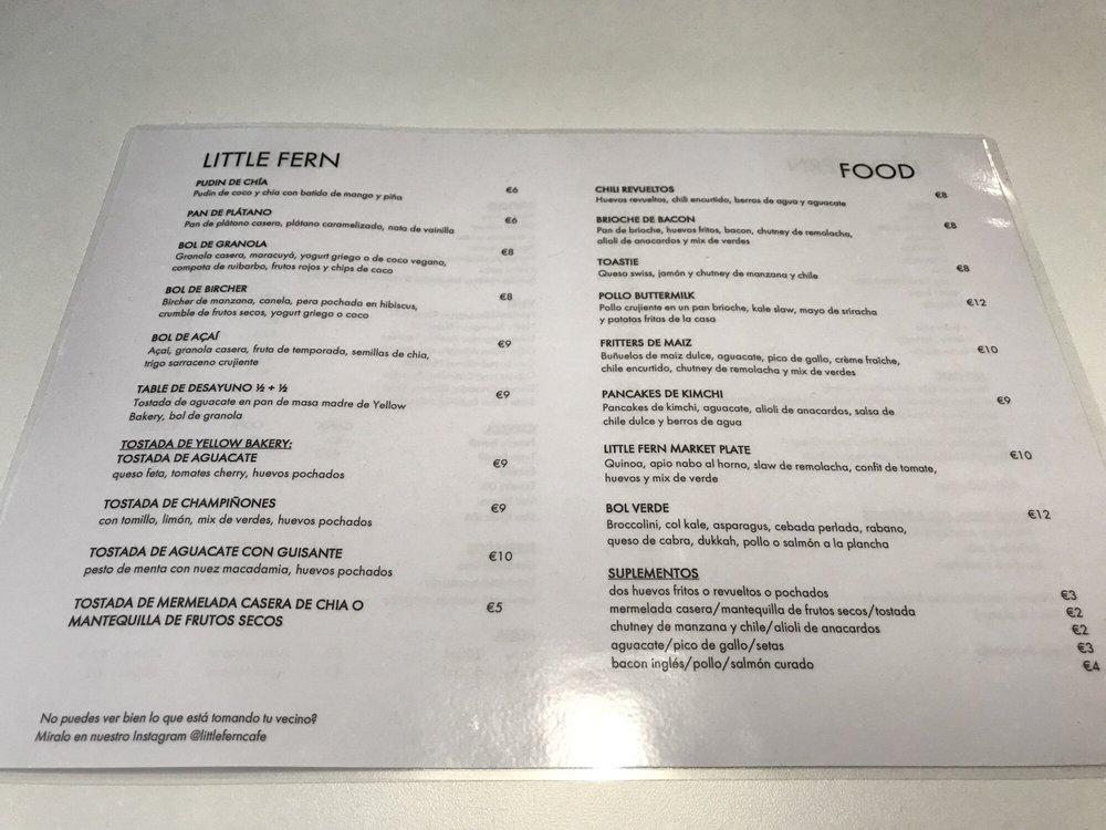 Menu at Little Fern cafeteria, Barcelona