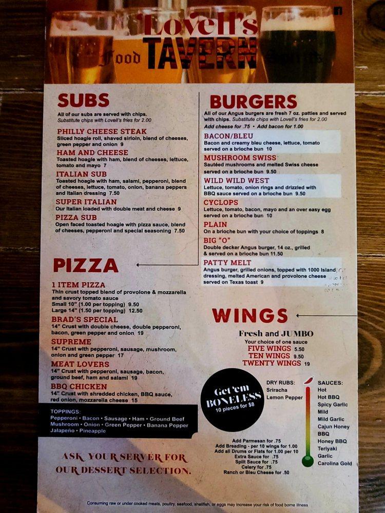 Menu at Lovell's Tavern pub & bar, Columbus