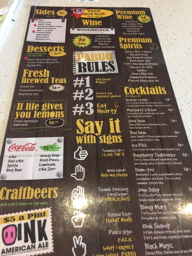 Menu at Park Avenue BBQ Grille, Palm Beach Gardens, PGA Boulevard #C ...