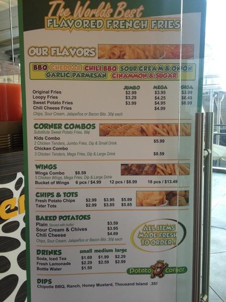 Menu at Potato Corner restaurant, Los Angeles, Century City Mall