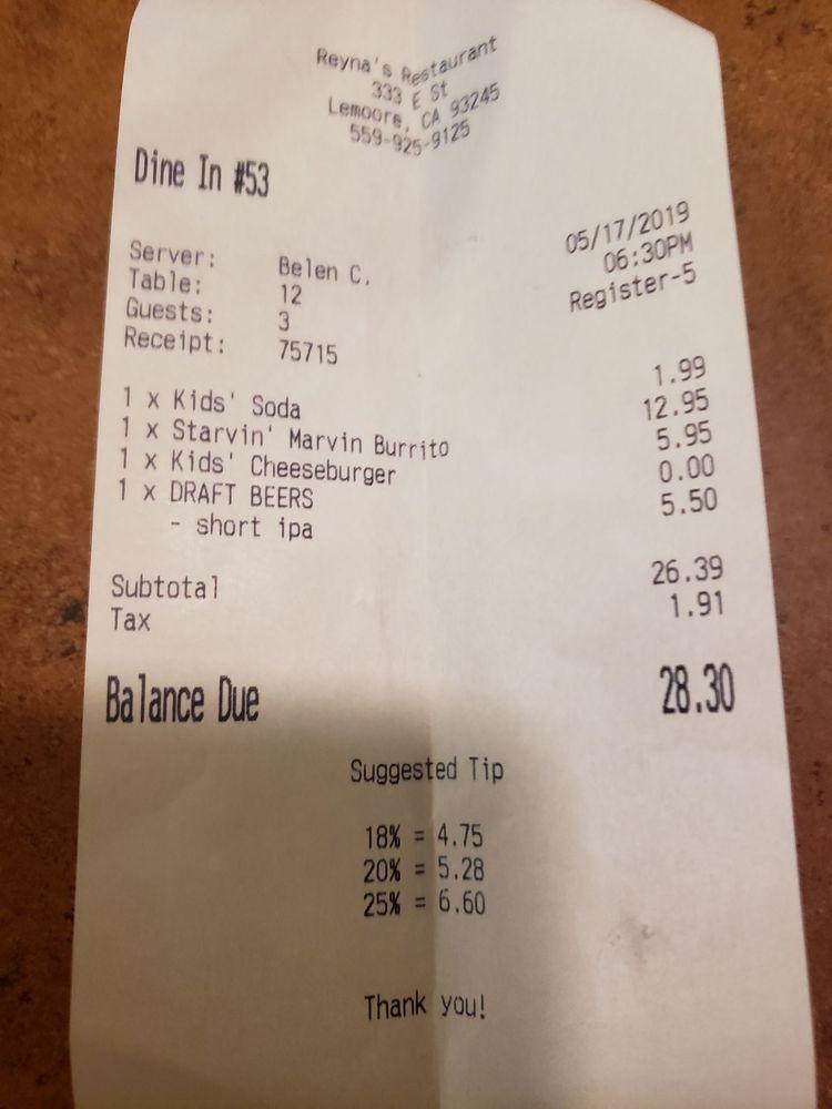 Menu at Reyna's Restaurant, Lemoore