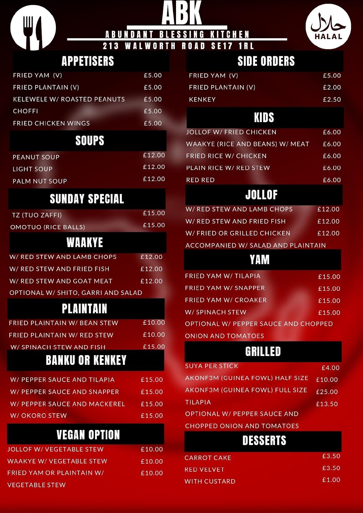 Menu at Abundant Blessing Kitchen restaurant, London