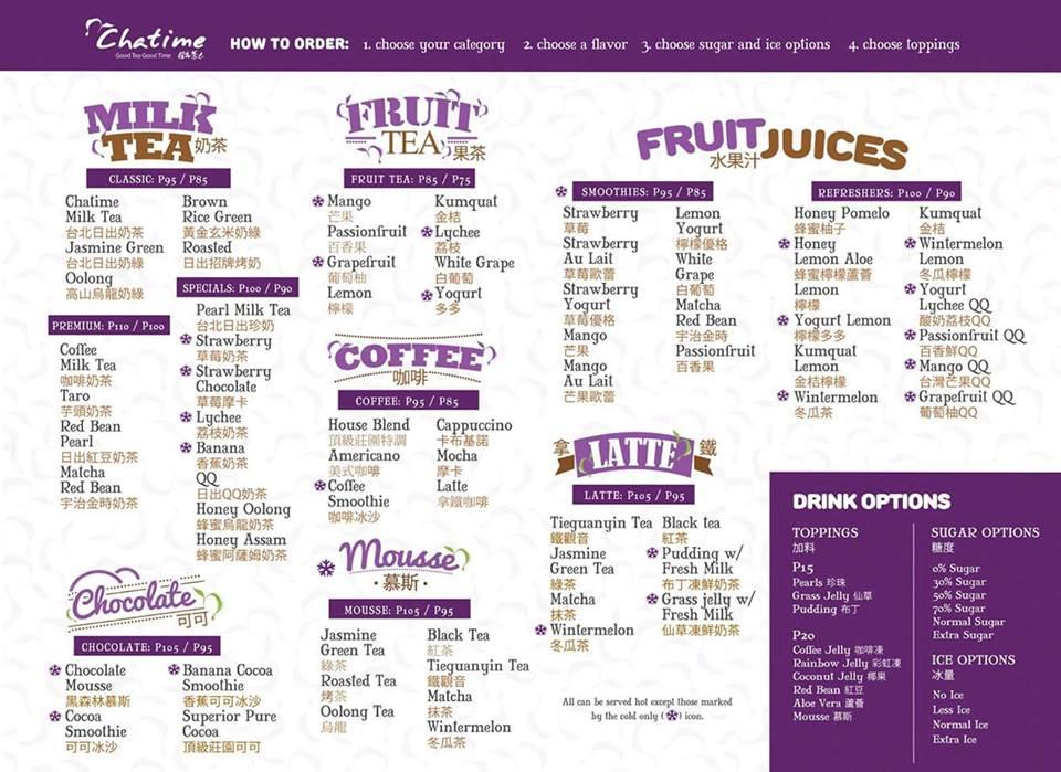 Menu at Chatime cafe, Zamboanga