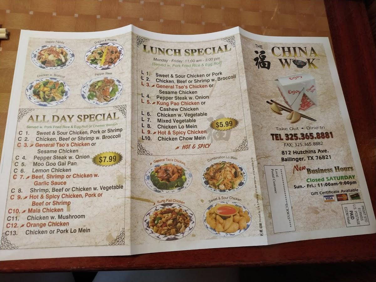 Menu at China Wok restaurant, Ballinger, 812 Hutchings Ave
