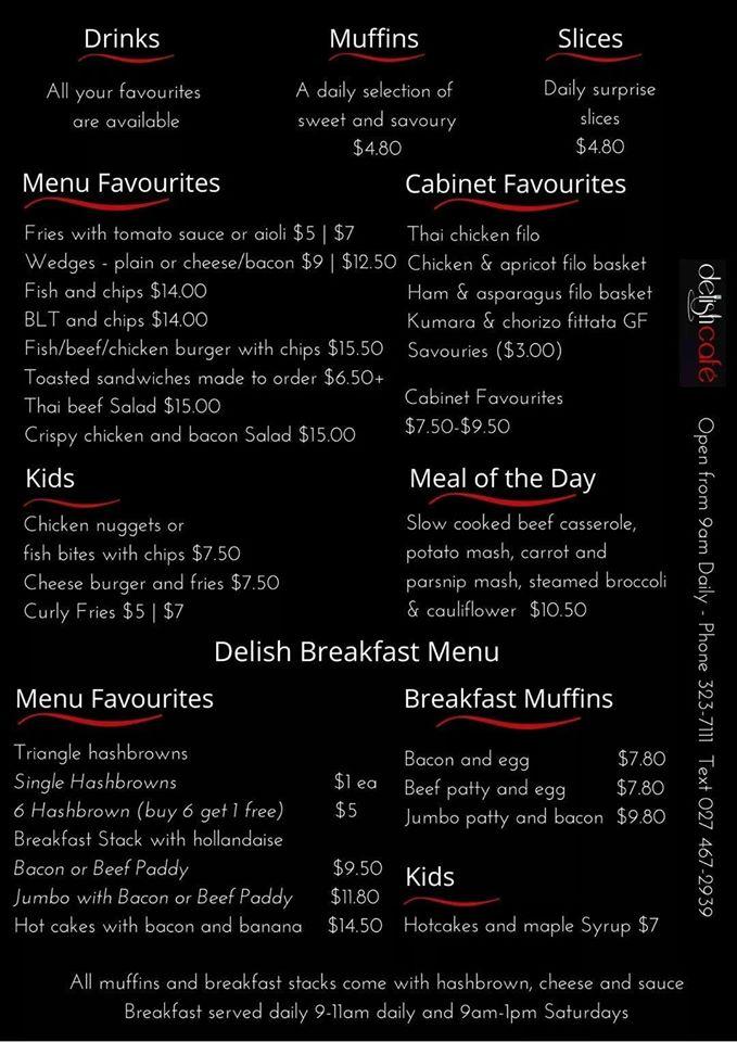 Menu at Delish Cafe, Feilding