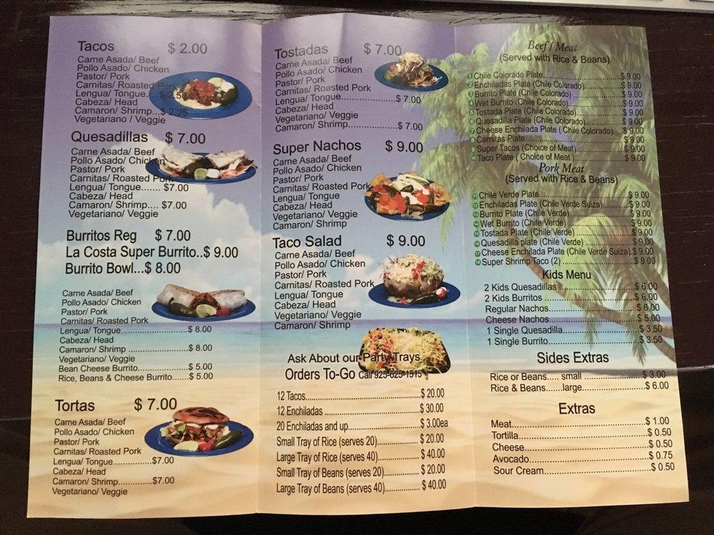 Menu at La Costa restaurant, Oakley