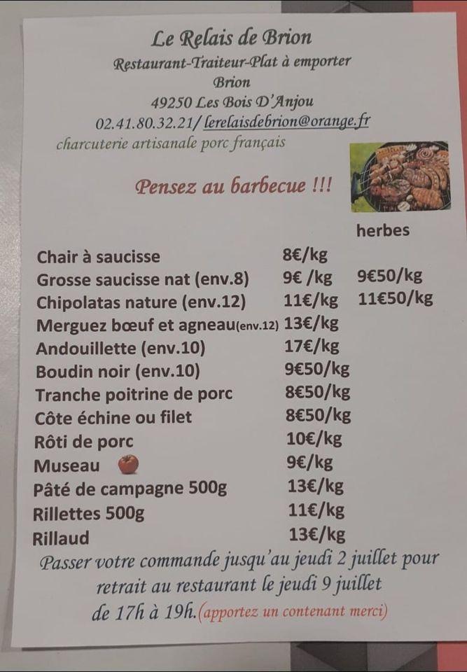 Menu au Le Relais de Brion restaurant, Brion, Lieu Dit les Contrevents ...