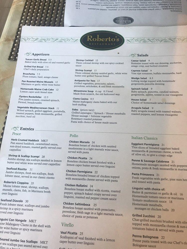 Menu at Roberto's pizzeria, Ogunquit, 200 Shore Rd