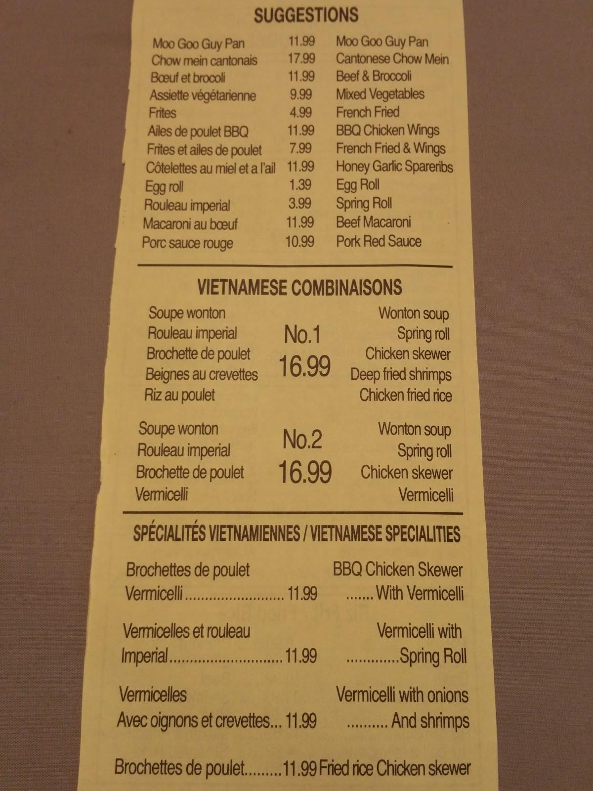 Menu au Saigon Maxim restaurant, Shippagan