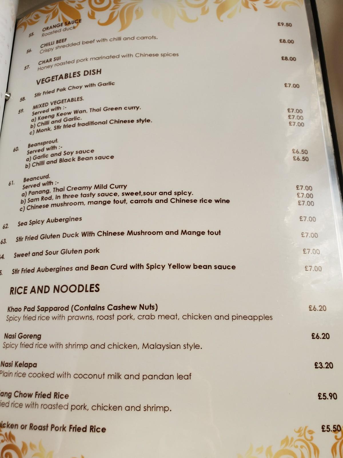 Menu at Thai Shire restaurant, Chipping Norton
