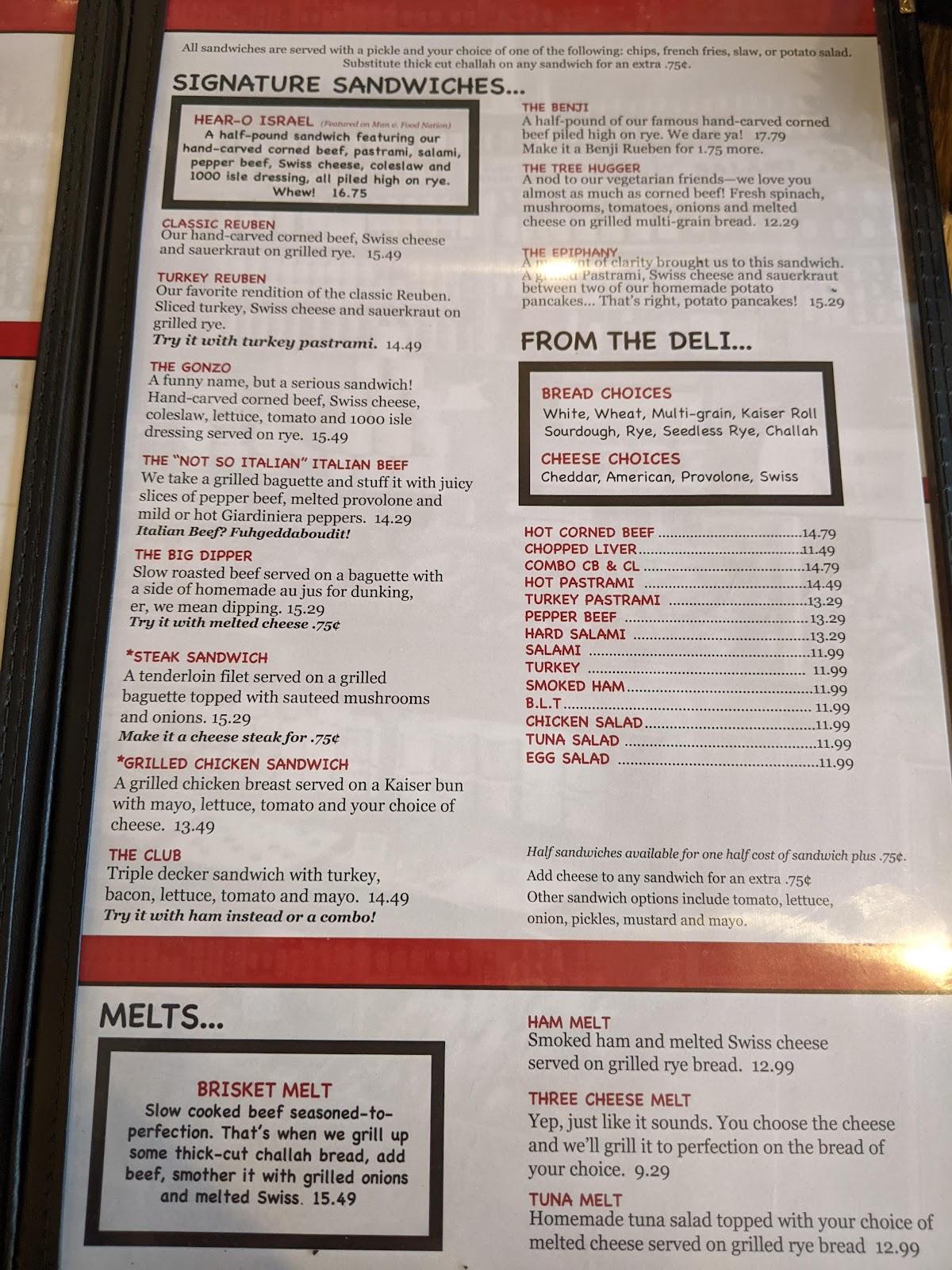 Menu at Benji's Deli restaurant, Milwaukee, N Oakland Ave
