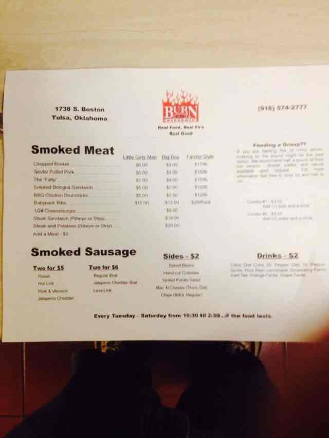 Menu at BurnCo Barbeque, Tulsa