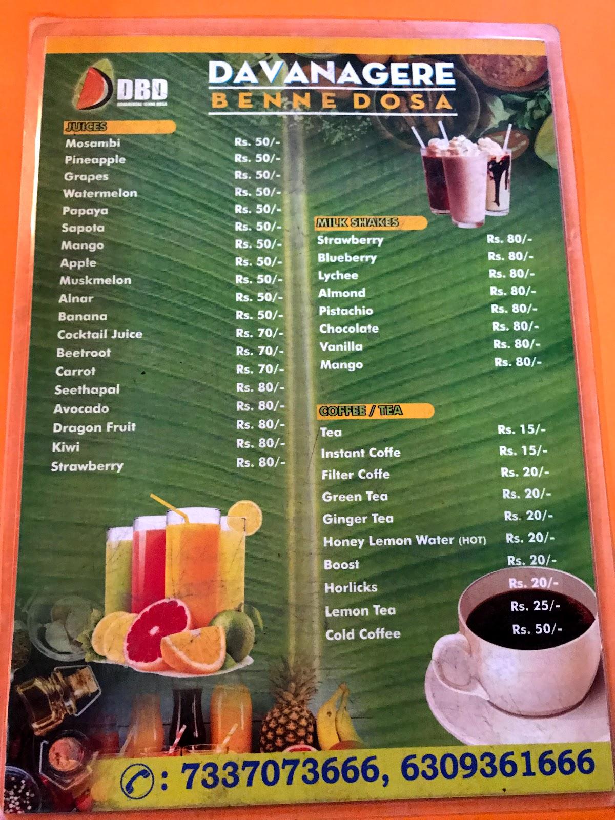 Menu at The Davanagere Benne Dosa, Hyderabad, 7