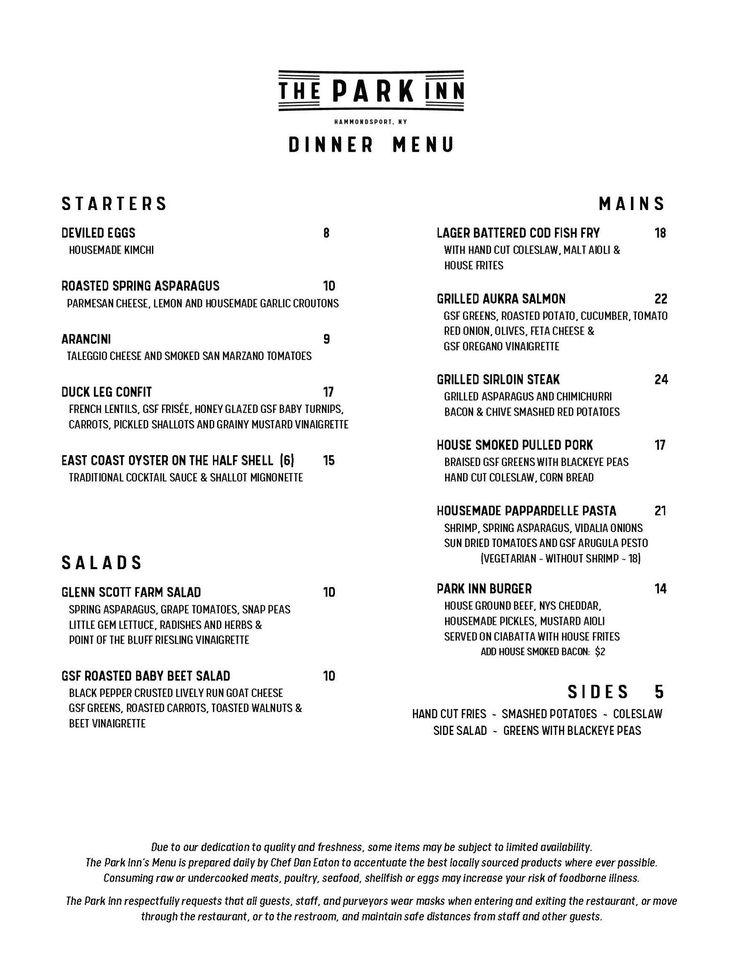 Menu at Park Inn pub & bar, Hammondsport