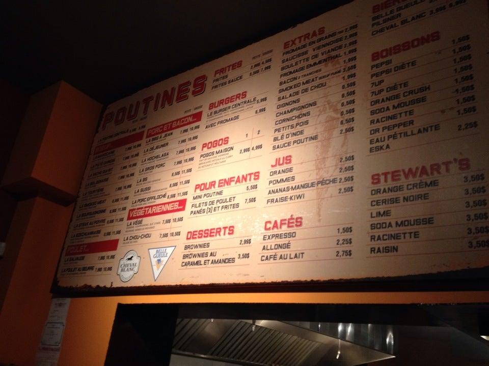 Menu at Poutine Centrale restaurant, Montréal, Rue Hochelaga