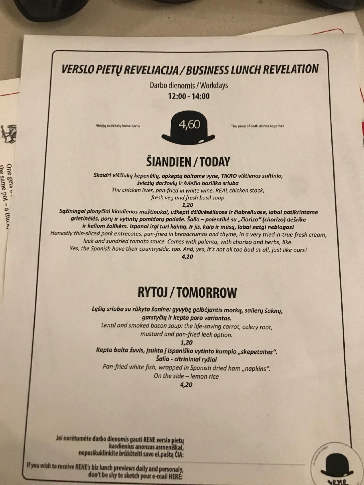 Menu at Rene restaurant, Vilnius