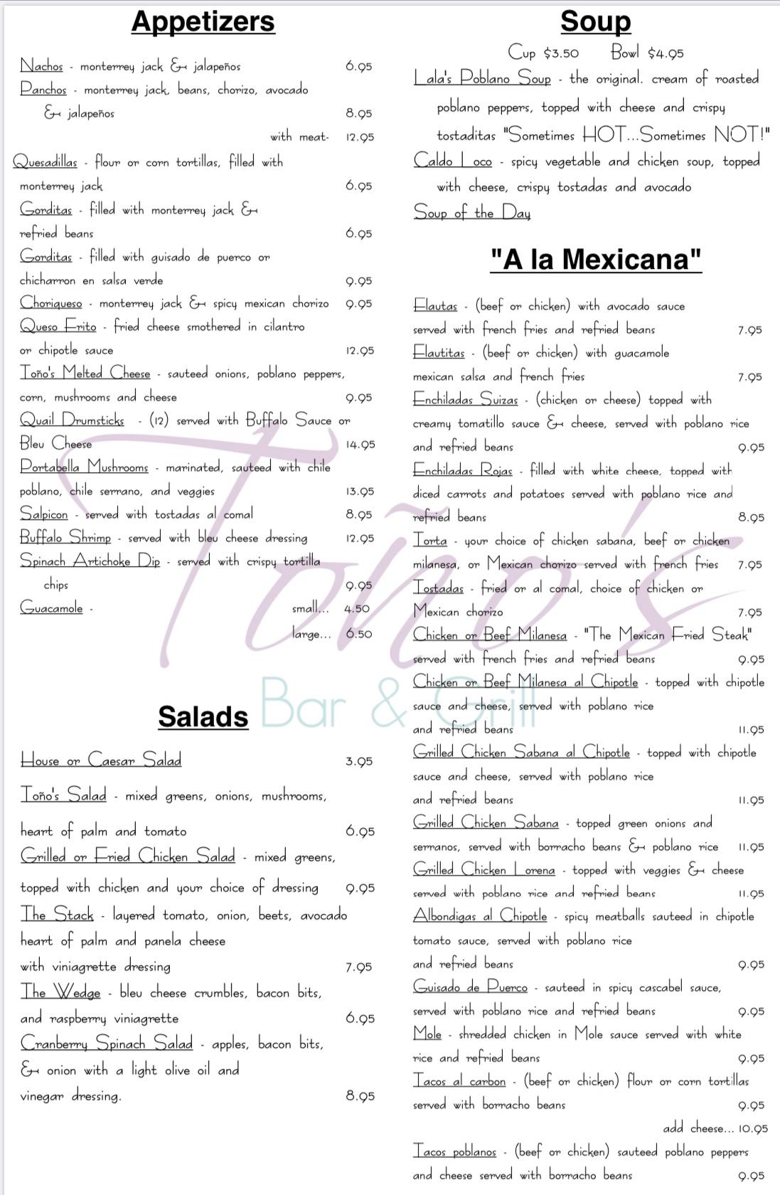 Menu at Toño's Bar & Grill, Laredo
