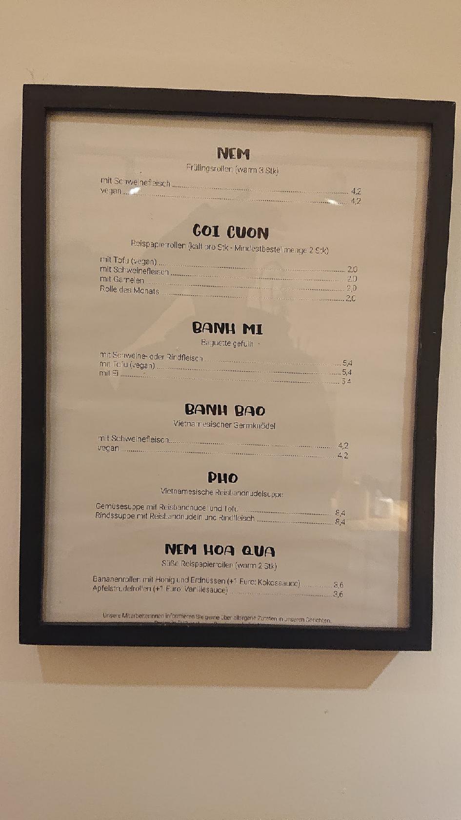 Menu at Tre Viet restaurant, Vienna