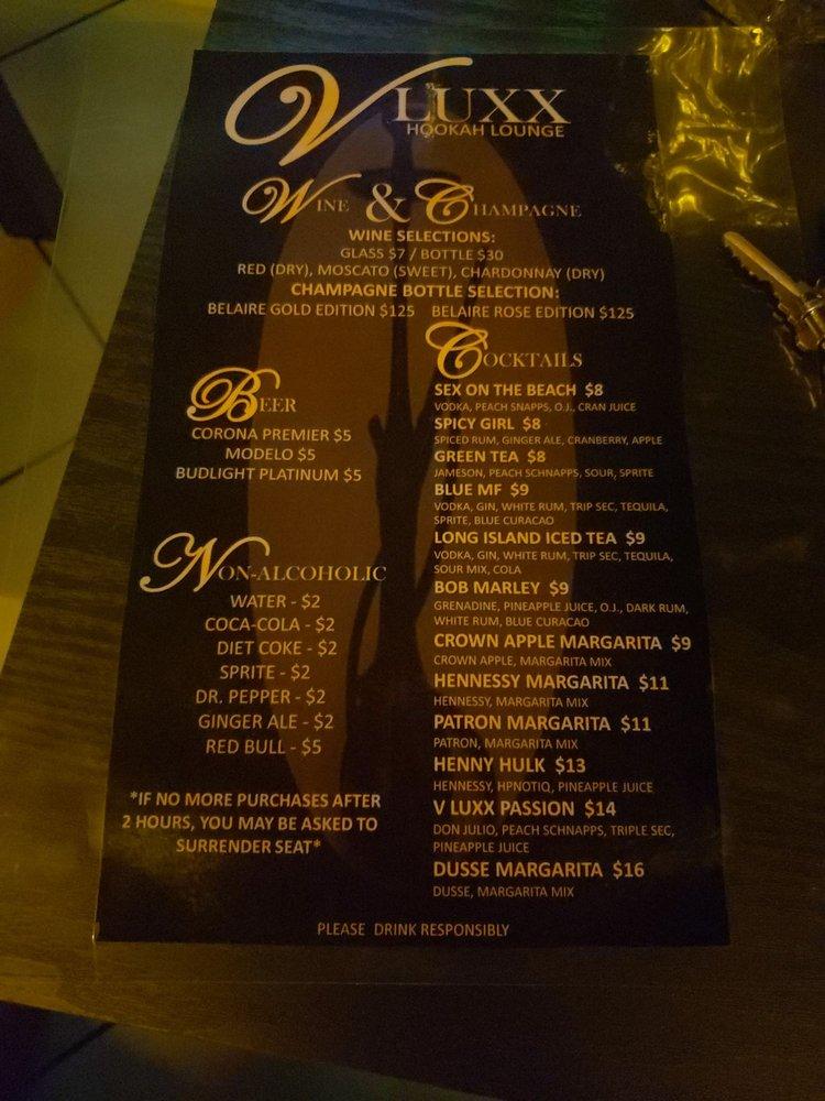 Menu at VLUXX Hookah Lounge pub & bar, Fayetteville