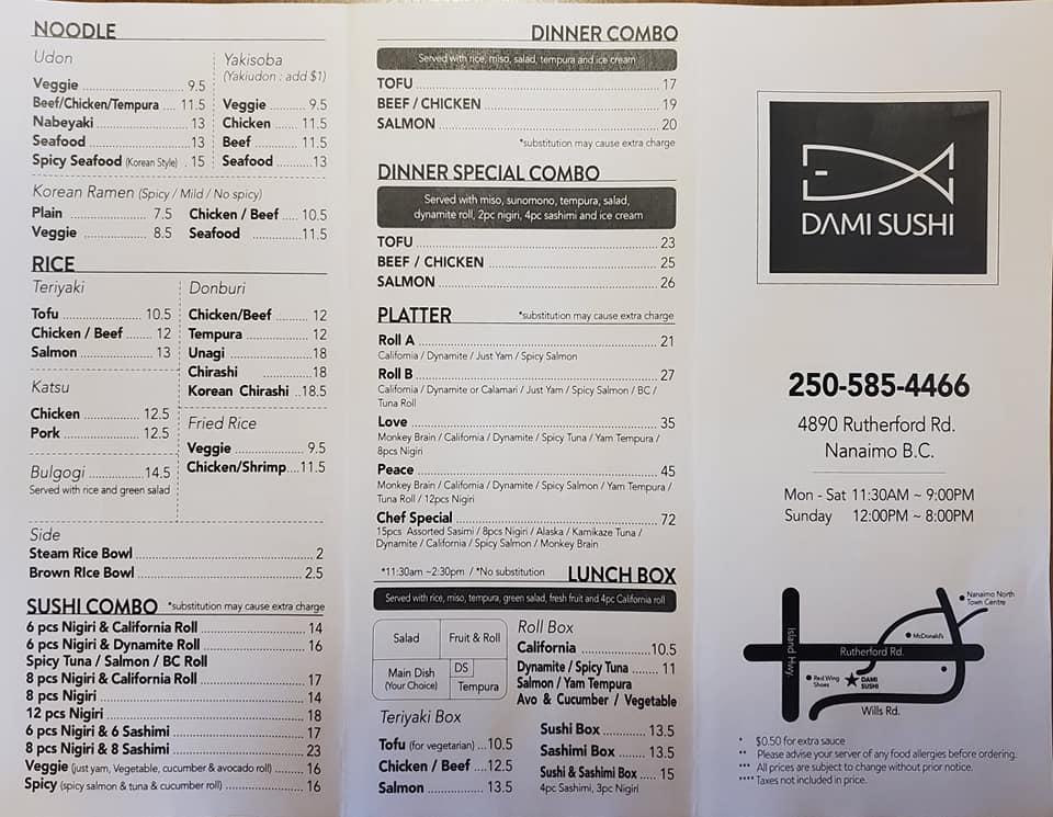 Menu at Dami Sushi restaurant, Nanaimo, 10-4890 Rutherford Rd