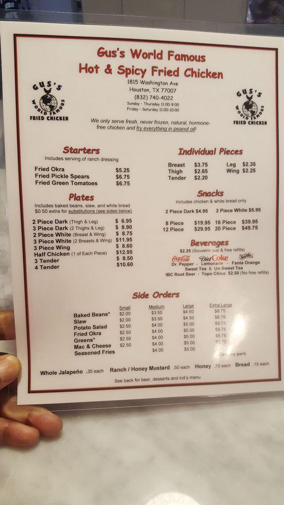 Menu at Gus's World Famous Fried Chicken restaurant, Houston ...