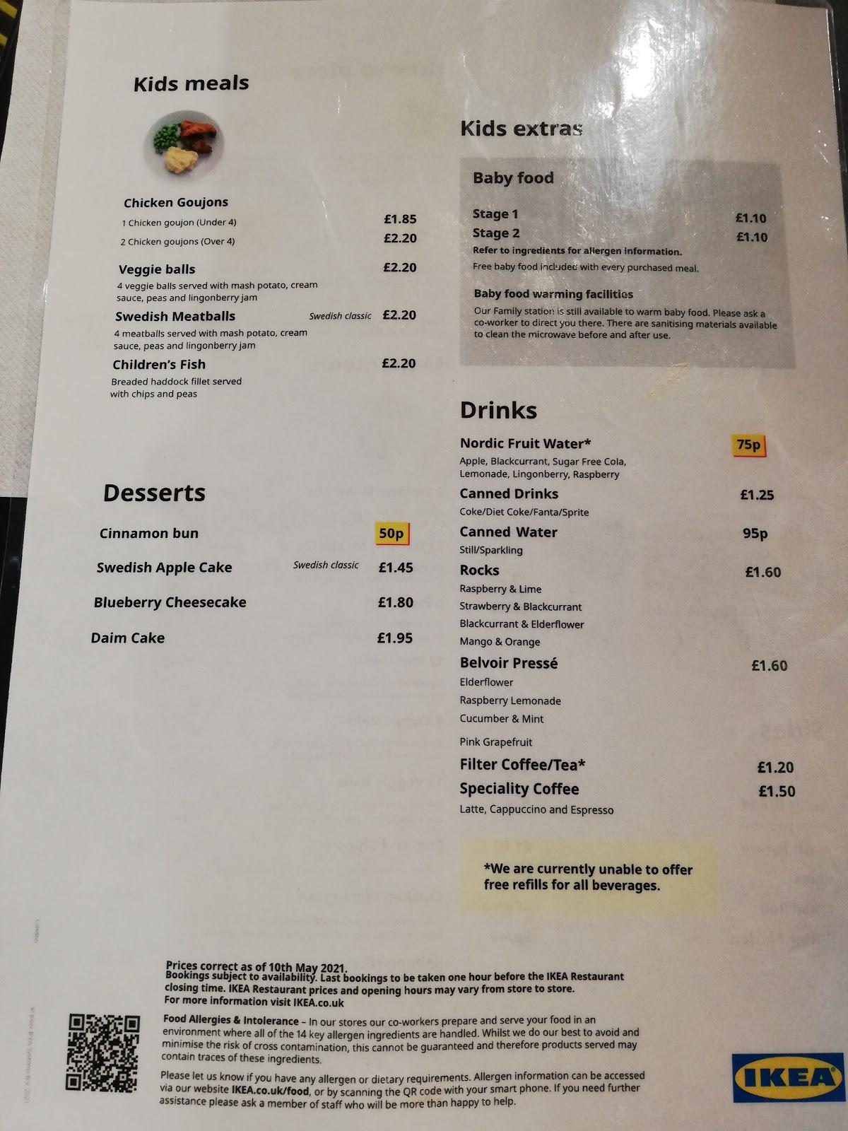 Menu at IKEA Restaurant Greenwich, London, 55-57 Bugsby's Way