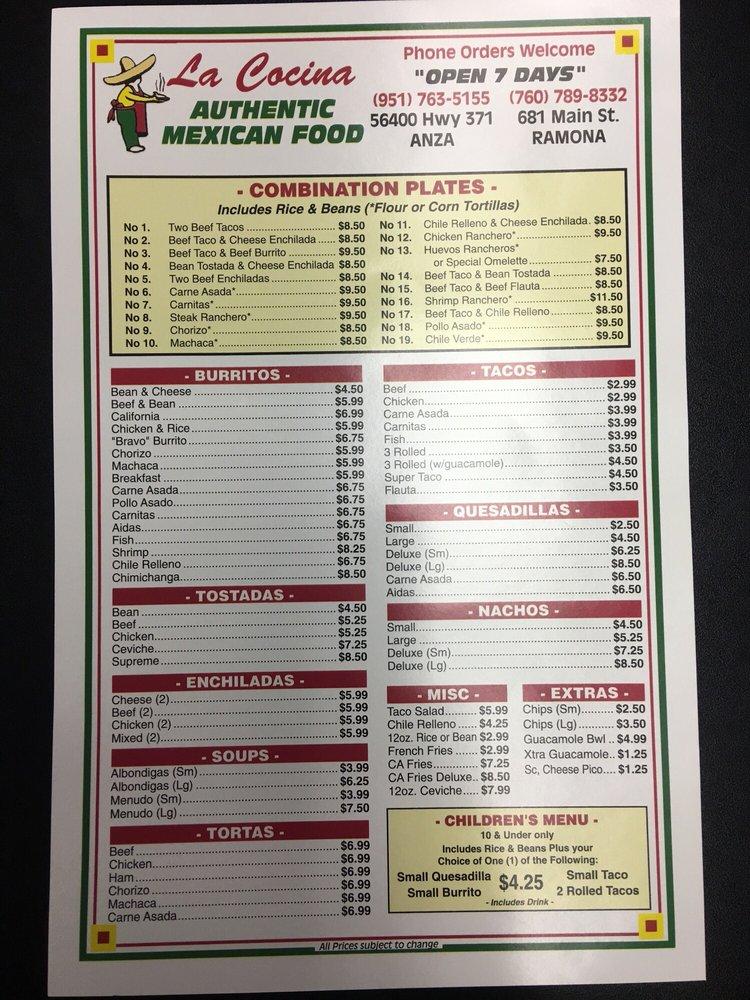 Menu at La Cocina restaurant, Ramona, 681 Main St
