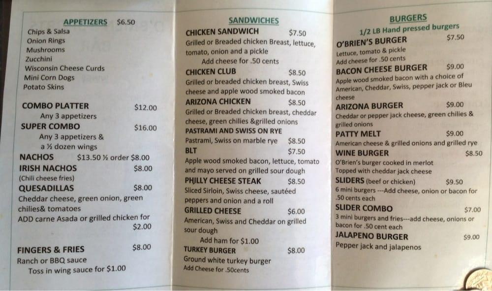 Menu at OBriens Sports Bar, Phoenix