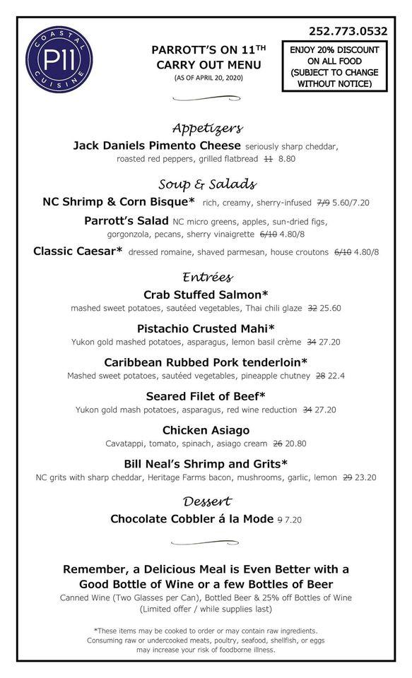 Menu at Parrott's On Eleventh restaurant, Morehead City