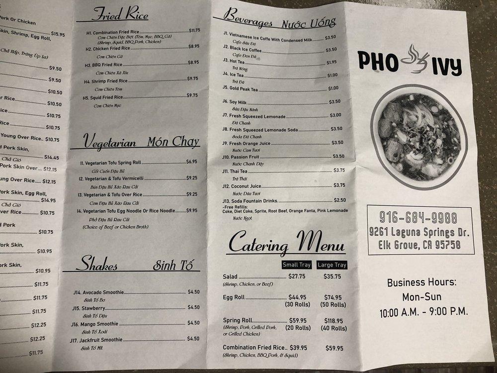 Menu at Pho Ivy restaurant, Elk Grove, Laguna Springs Dr