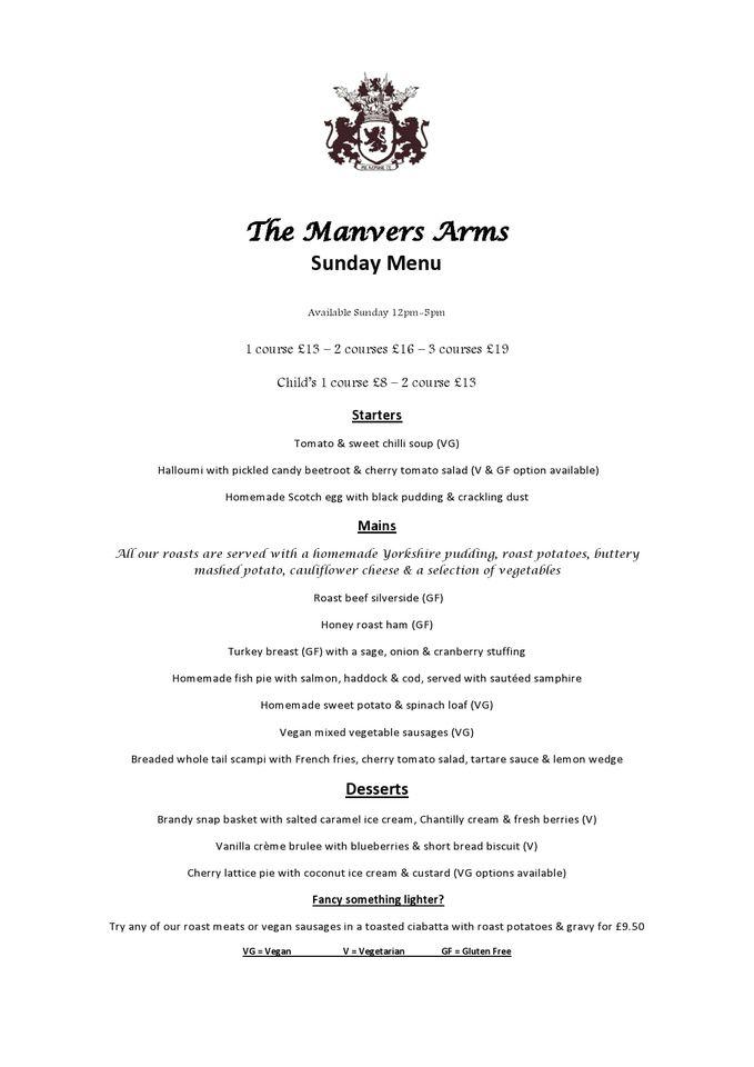 Menu at The Manvers Arms at Cotgrave pub & bar, Nottingham, The Cross