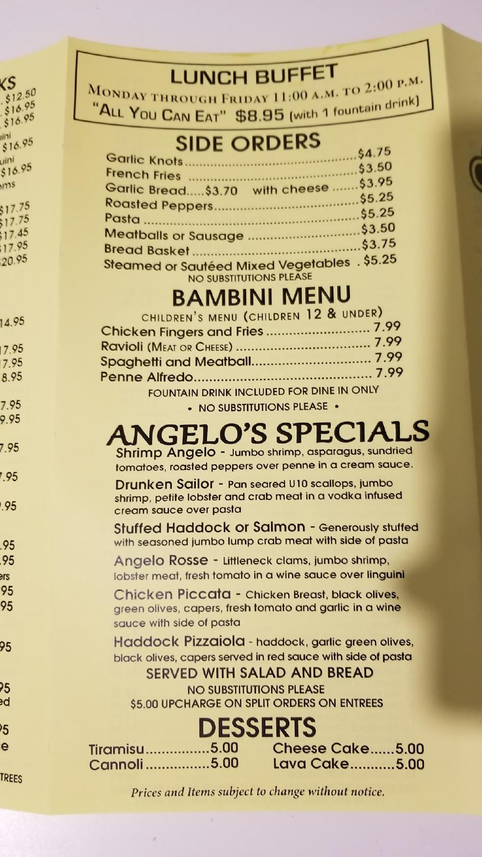 Menu at Angelo's pizzeria, Wyoming