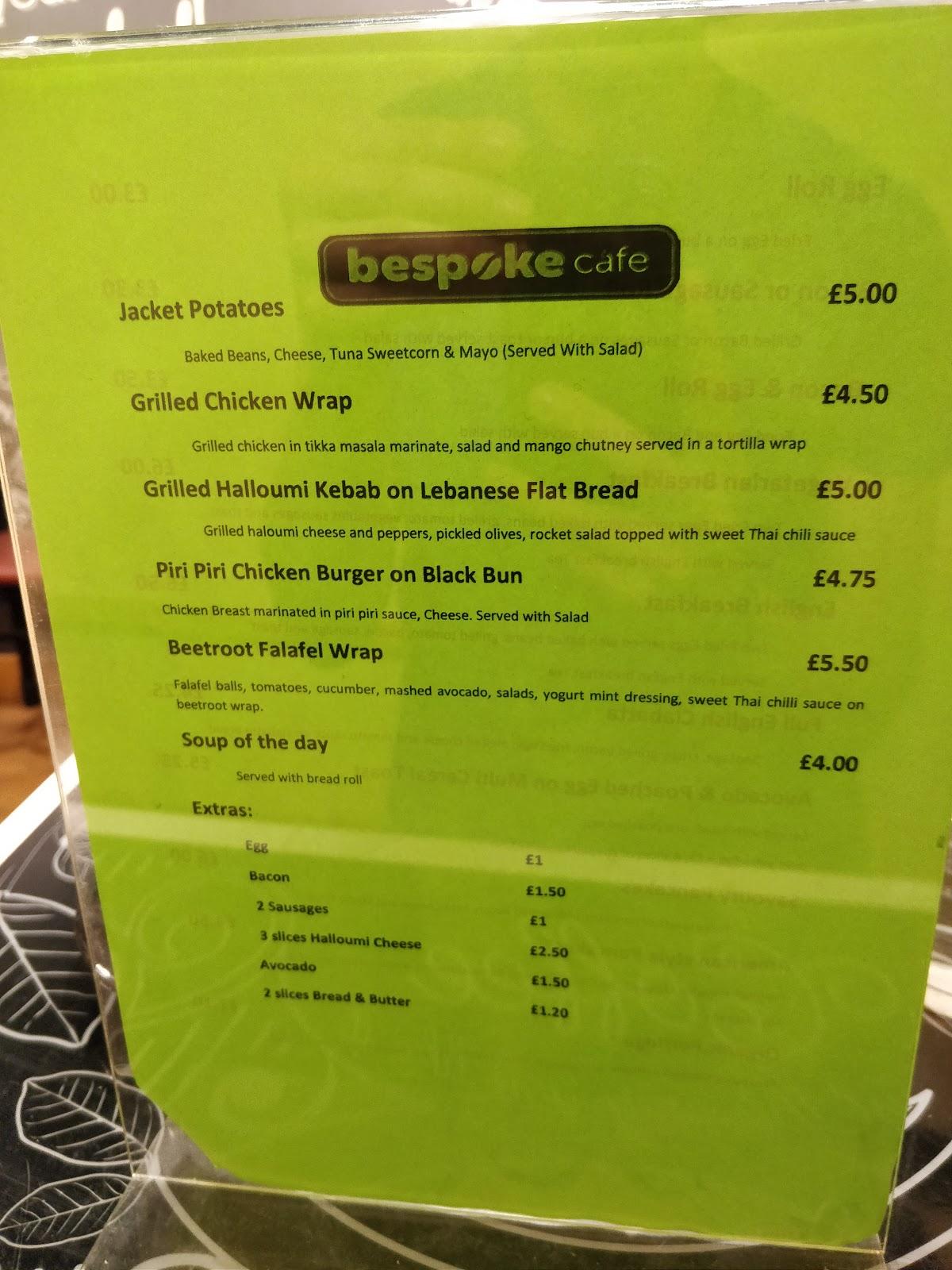 Menu at Bespoke cafe, London