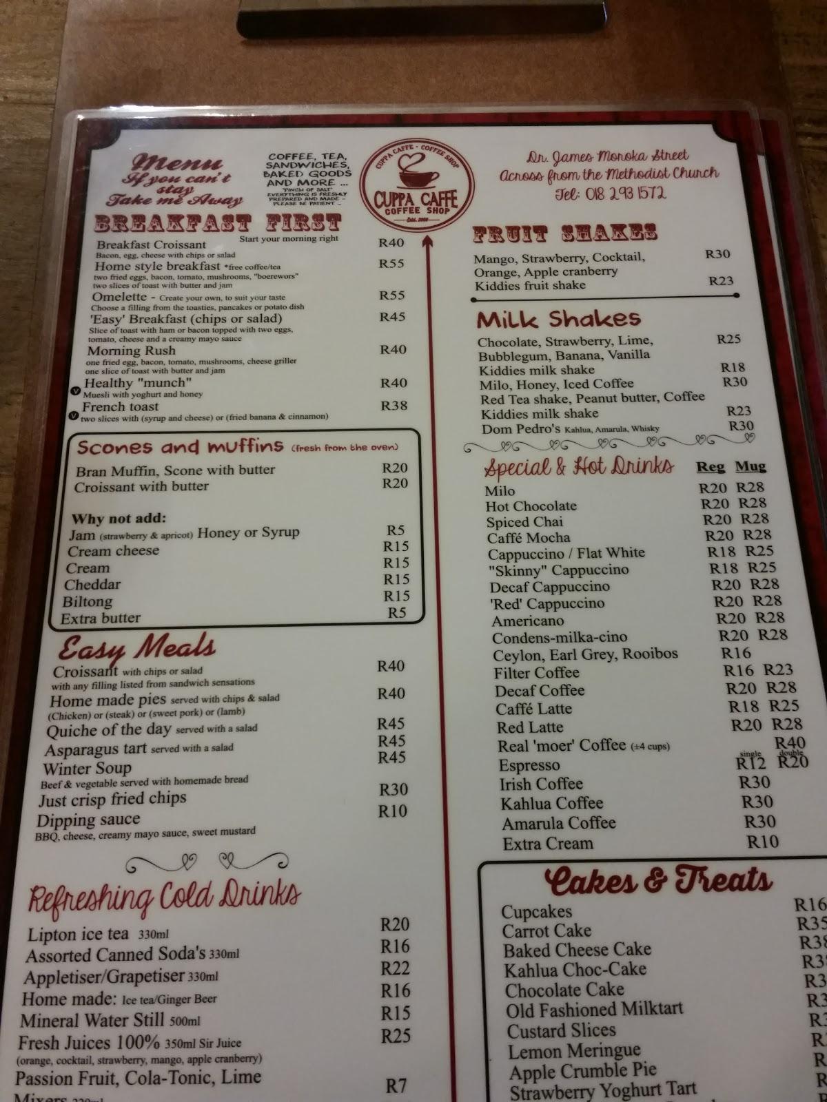 Menu at Cuppa Caffe Coffee Shop cafe, Potchefstroom