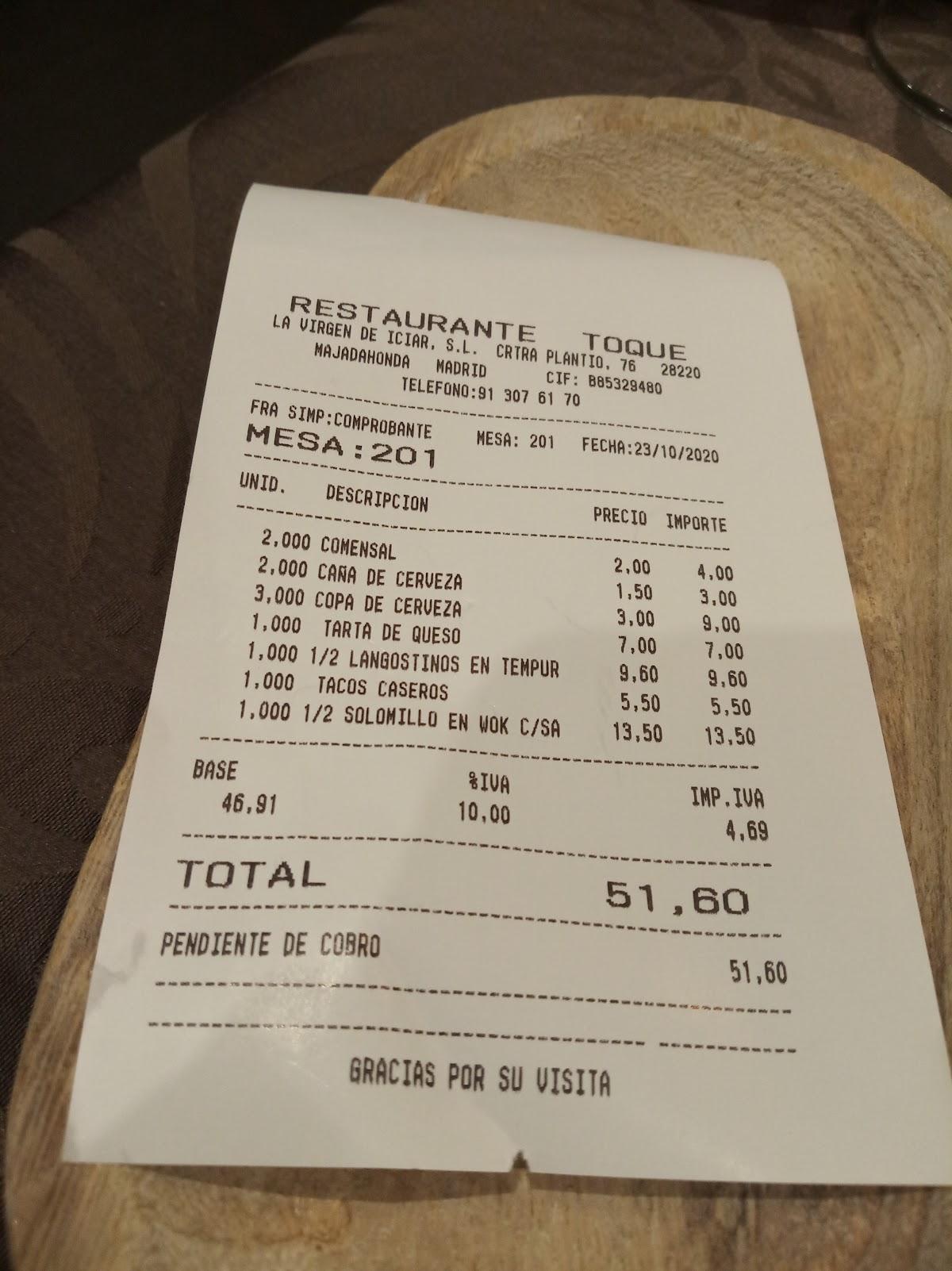 Carta de Toque Restaurante, Majadahonda