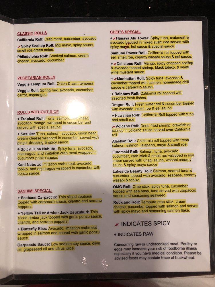 Menu at Hanaya Hibachi Sushi & Asian Fusion restaurant, Flower Mound