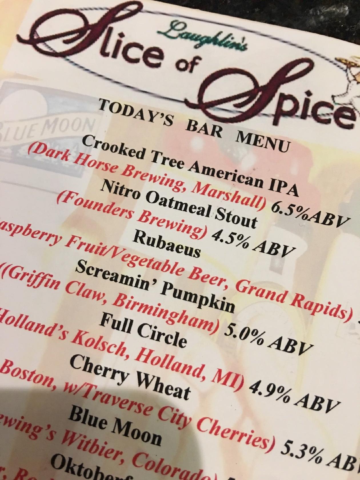 Menu at Laughlin’s Slice Of Spice pizzeria, Spring Arbor