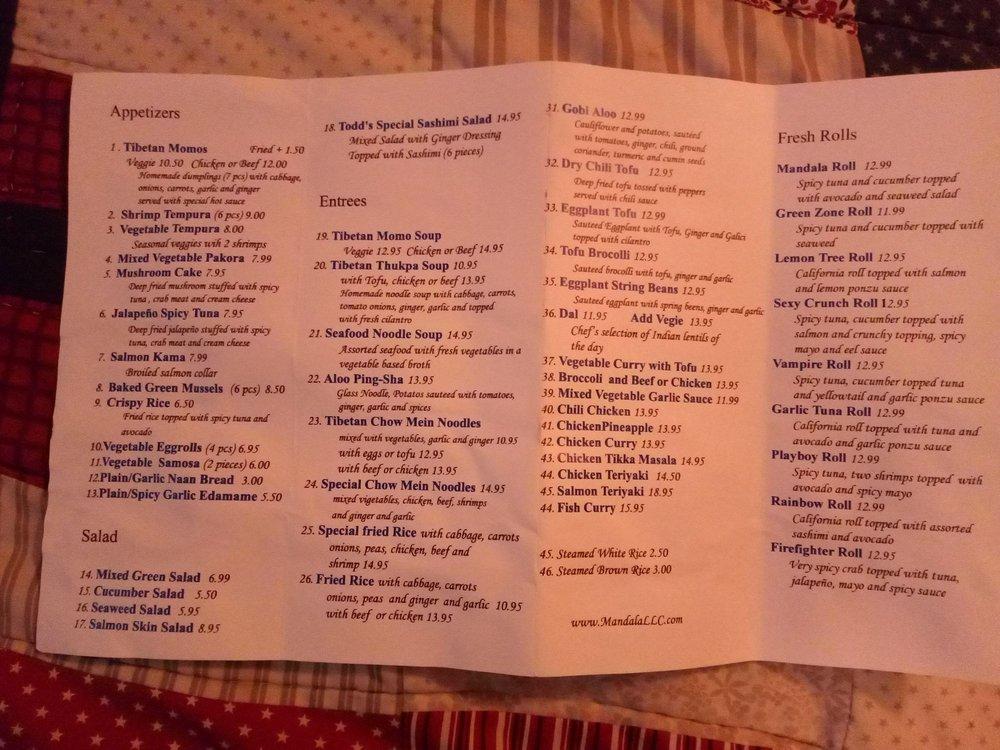 Menu at Mandala Restaurant - Tibetan, Japanese and Indian, Ojai