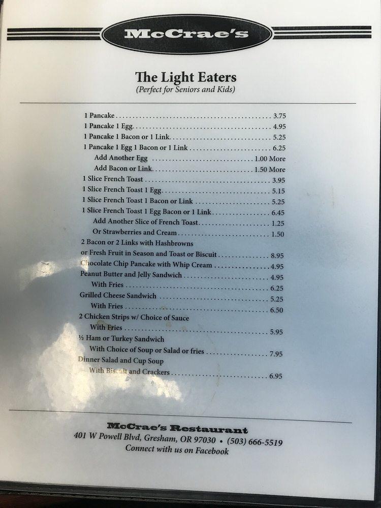 Menu at McCrae's Country Cafe, Gresham
